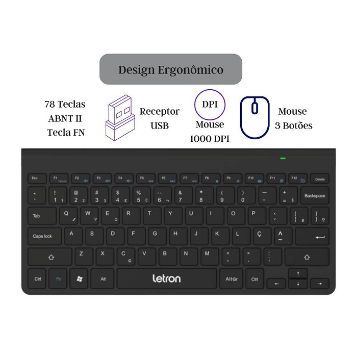 Combo Kit Letron Teclado E Mouse Sem Fio Compact Shine Preto KM1931 ...