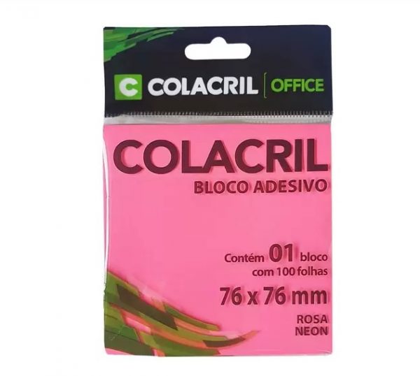 Bloco Adesivo Colacril 76x76mm Rosa Neon 100 Folhas - Papelaria Criativa